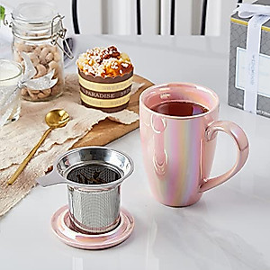 Jemirry Tea Cup with Infuser and Lid, Ceramic Cup with Lid, Tea Cup Tea Mug for Tea Lover, Porcelain Tea Strainer Cup, Tea Infuser Cup with Infuser Basket and Lid - Pink