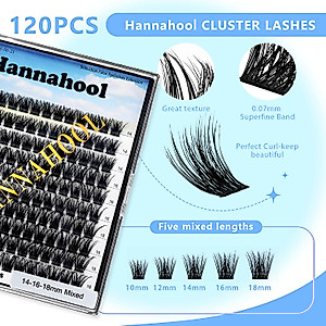 Hannahool 120pcs D Curl Individual Wide Stem Cluster DIY Eye Lashes Extensions Mixed 10-12-14-16mm/14-16-18mm/12-14-16mm Makeup Dramatic Volume Lashes (mixed 10-12-14-16mm)