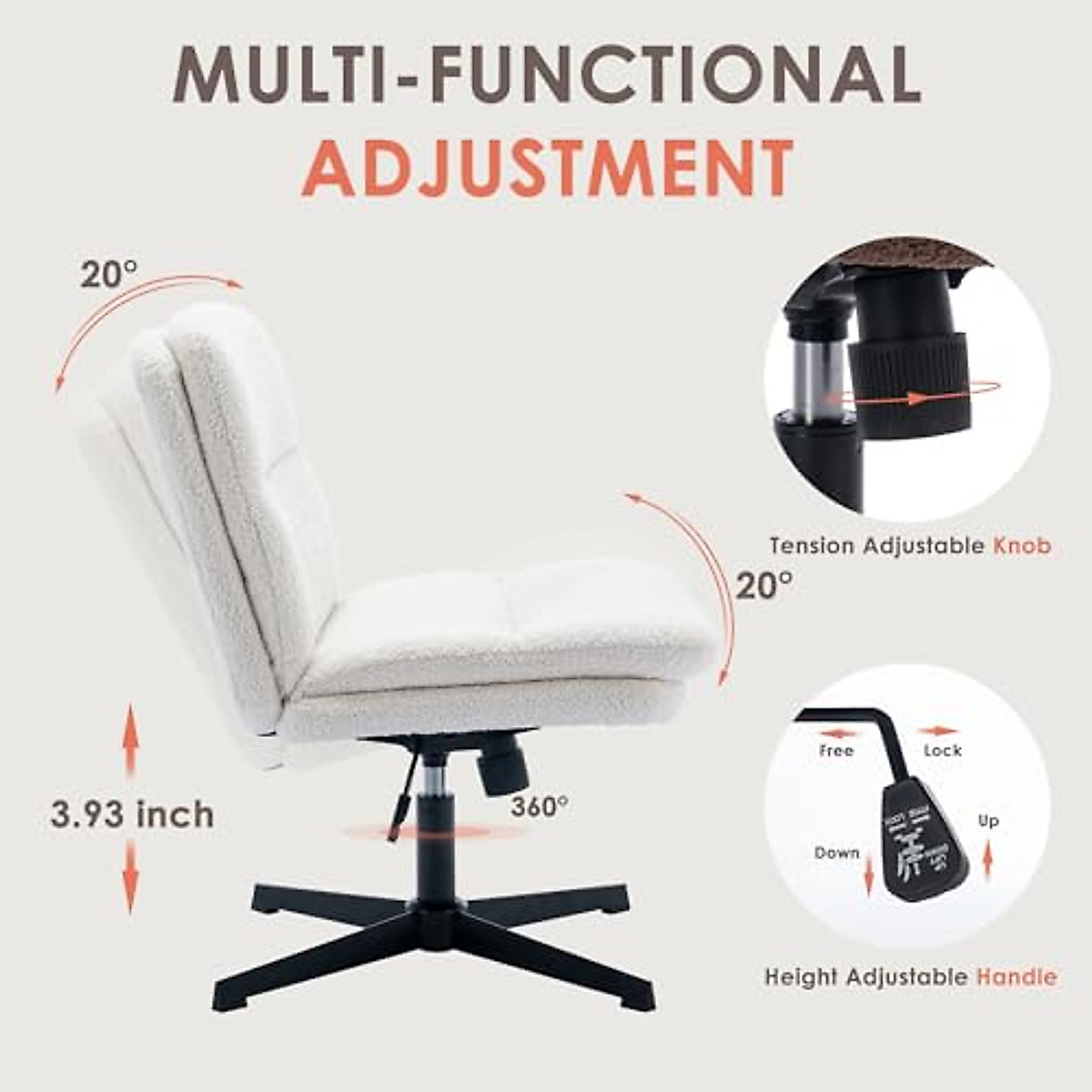 COLAMY Criss Cross Chair-Cross Legged Office Chair No Wheels, Armless Wide Office Desk Chair, Sherpa Swivel Vanity Chair with Bouble-Layer Cushion for Makeup, Small Space, Home-Cream
