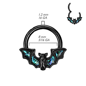 Pierced Owl 16GA Precision All 316L Stainless Steel Bat with Abalone Shell Wings Hinged Segment Ring (Black)