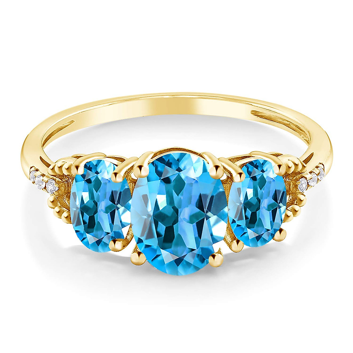 Gem Stone King 10K Yellow Gold Oval Swiss Blue Topaz 3 Stone Ring For Women (2.64 Cttw, Gemstone Birthstone) (Size 8)