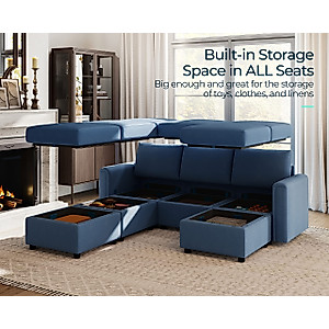 LINSY HOME Modular Sectional Sleeper Sofa, Sectional Couch with Ottoman Memory Foam, Storage Under Each Seat, Sofa Covers Washable Changeable, for Living Room, Blue