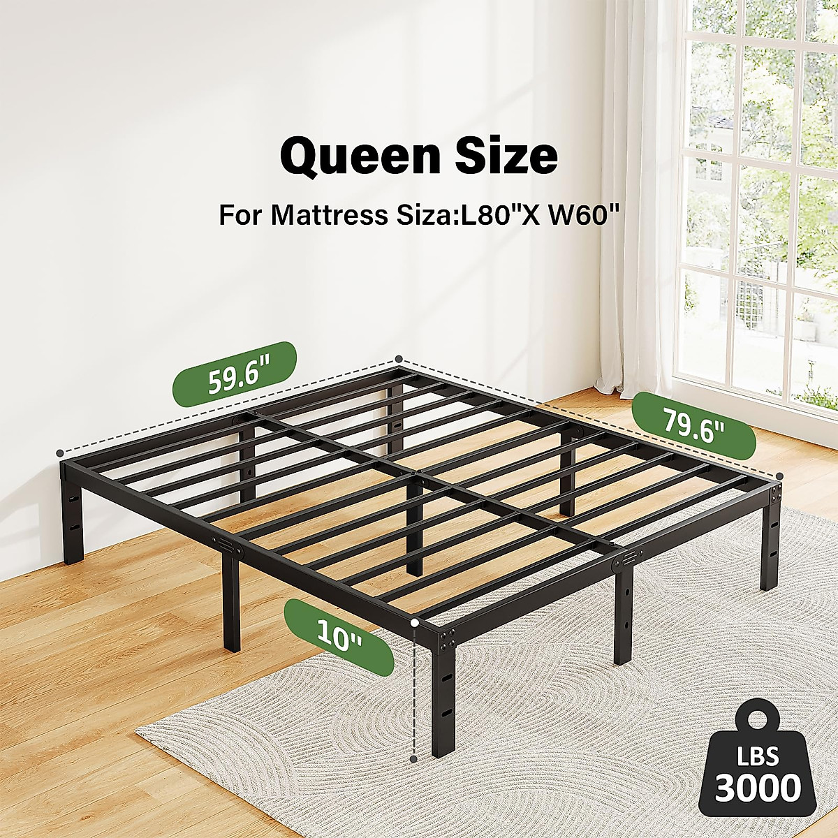 10 Inch Queen Bed Frame No Box Spring Needed, Metal Platform Bed Frame Queen Size, Easy Assembly Heavy Duty Noise Free, Black