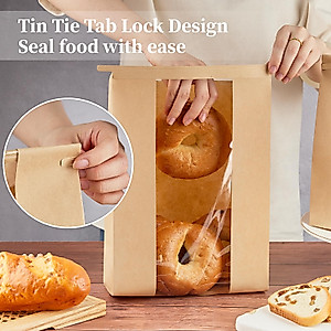 Ohuimrt 100 PCS Large Paper Bread Bags for Sourdough Bread, 13.7 x 8.2 x 3.5 Inches Bakery Bags with Window, Homemade Bread Loaf Bags with Tin Tie Tab Lock and Seal Stickers