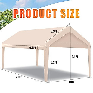 Carport Canopy 10'x20' Heavy Duty Replacement Cover, Garage Shelter Cover 800D Oxford Waterproof & UV Protected Tarp with Ball Bungees, Not Include Frame, Beige