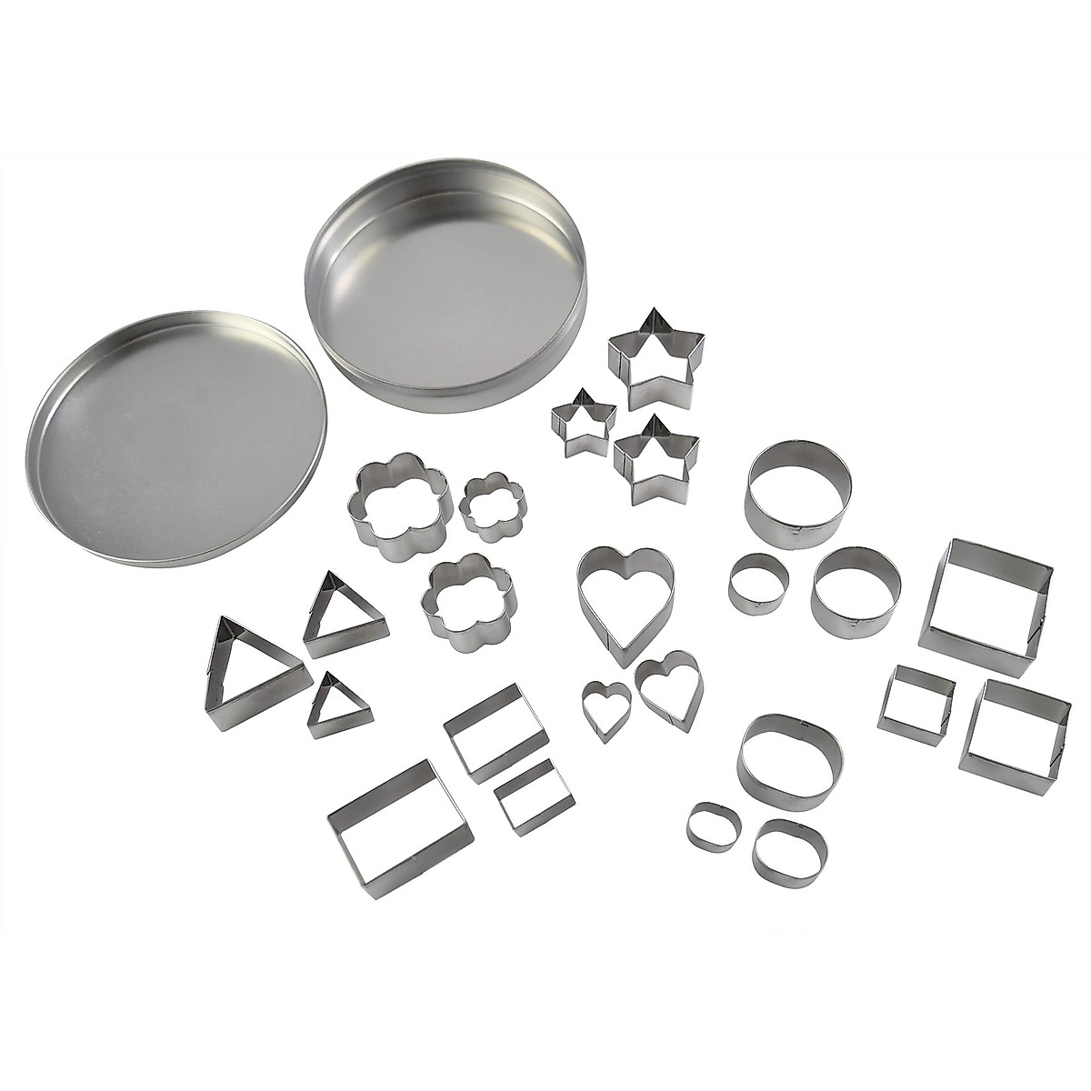 HOME-X Stainless-Steel Cookie Cutter Set, Rectangle, Square, Triangle, Heart, Circle, Star, Flower, and Oval Shapes, Set of 24, Assorted Sizes, Silver