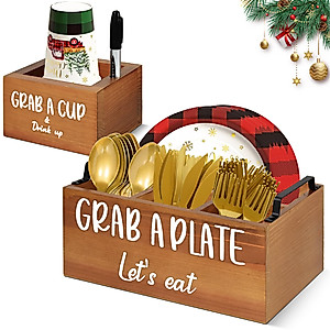 MEMOORIAL Paper Plate Dispenser, Kitchen Countertop Paper Plate Holder, Wood Rustic Silverware Utensil Caddy, Disposable Dish and Cup Holder Utensil Caddy for Kitchen, Party, BBQ