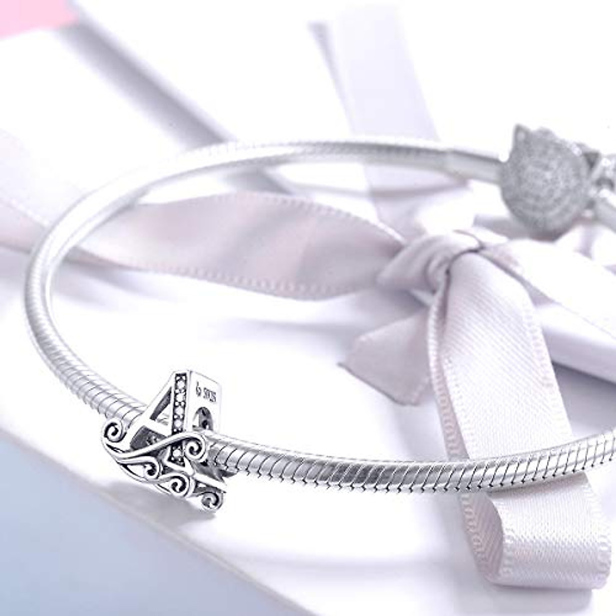 BISAER 925 Sterling Silver Initial Letter A Charms for Bracelets Alphabet Beads Charm Jewelry Gifts