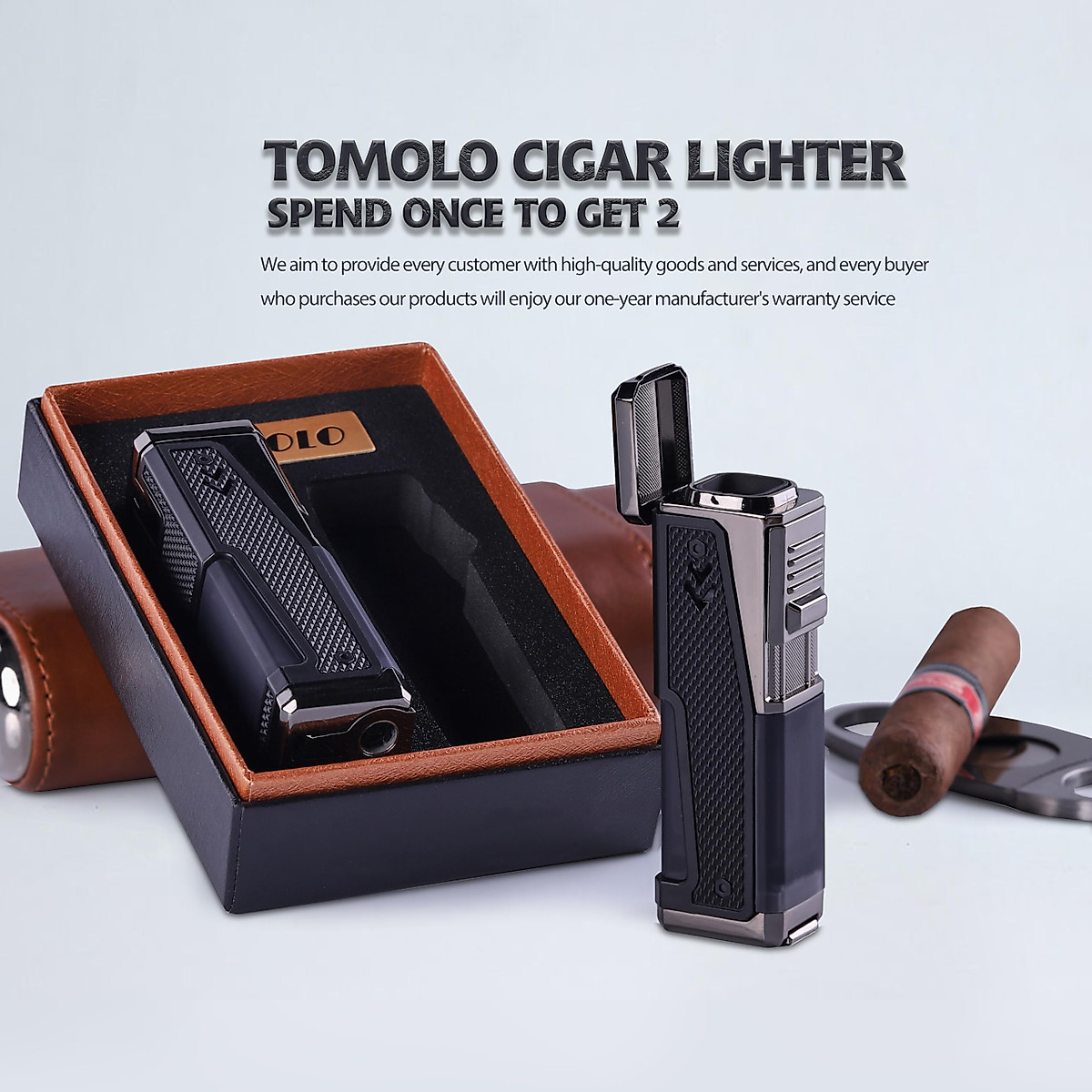 TOMOLO Torch Lighter Cigar Lighter Quadruple Flame Butane Refillable Lighter with Cigar Holder, Cigar Punch Built in, 2 Pack (Gas Not Included) (Black)