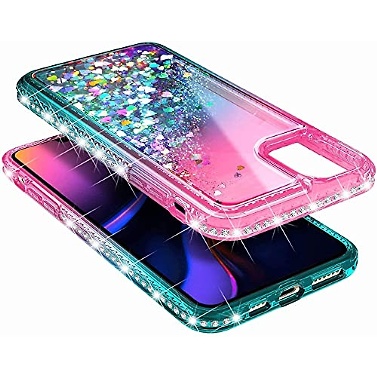 NGB Compatible with iPhone 11 Case with Tempered Glass Screen Protector, Ring Holder/Wrist Strap, Girls Women Liquid Bling Sparkle Floating Glitter Cute Phone Case (Pink/Aqua)