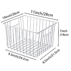 Slideep 11'' Farmhouse Freezer Food Storage Organizer Baskets Modern Refrigerator Metal Wire Basket Bin with Built-in Handles for Kitchen, Pantry, Bathroom, Cabinets, White -Set of 6
