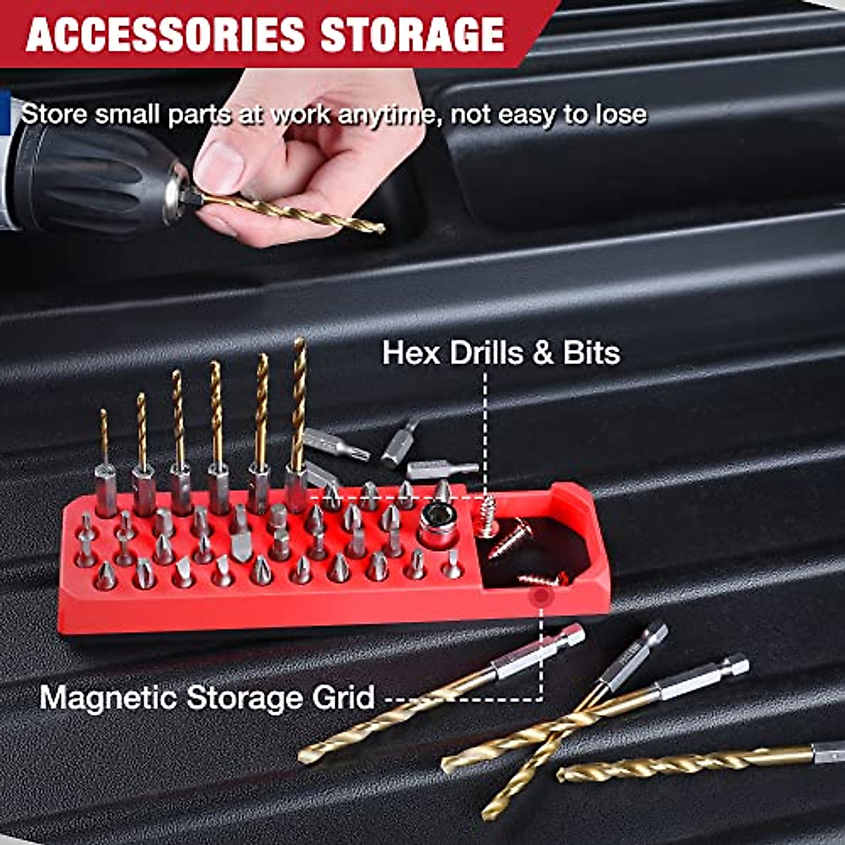 WORKPRO Magnetic Hex Bit Organizer, 39 Hole Screwdriver Drill Bit Holder Tray with Strong Magnetic Base, Accessories Storage Grid, for 1/4 Inch Hex Bit & Drive Bit Adapter, Red (Bits Not Included)