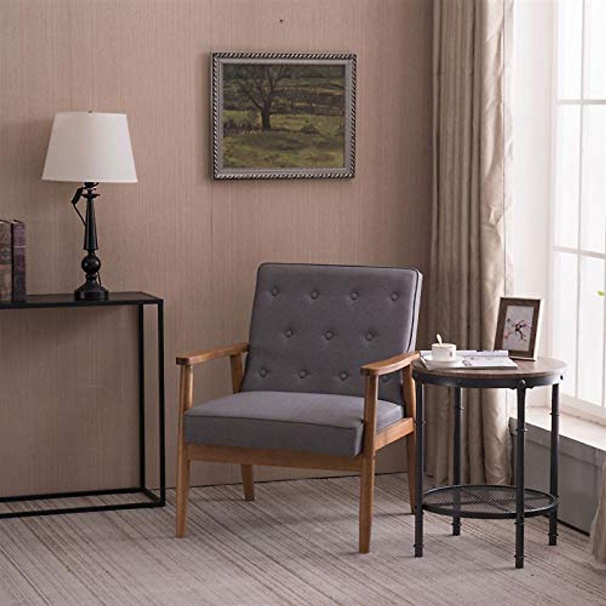 TECHSOUK Modern and Simple Design Sofa, Button Tufted, Rubber Wood Solid Wood Frame, Walnut Color handrail (75 x 69 x 84) cm