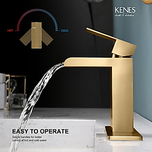 KENES Brushed Gold Waterfall Bathroom Faucet, Modern Single Hole Faucet, Gold Single Handle Bathroom Sink Faucet, with Pop Up Drain & Water Supply Hoses LJ-9035-4