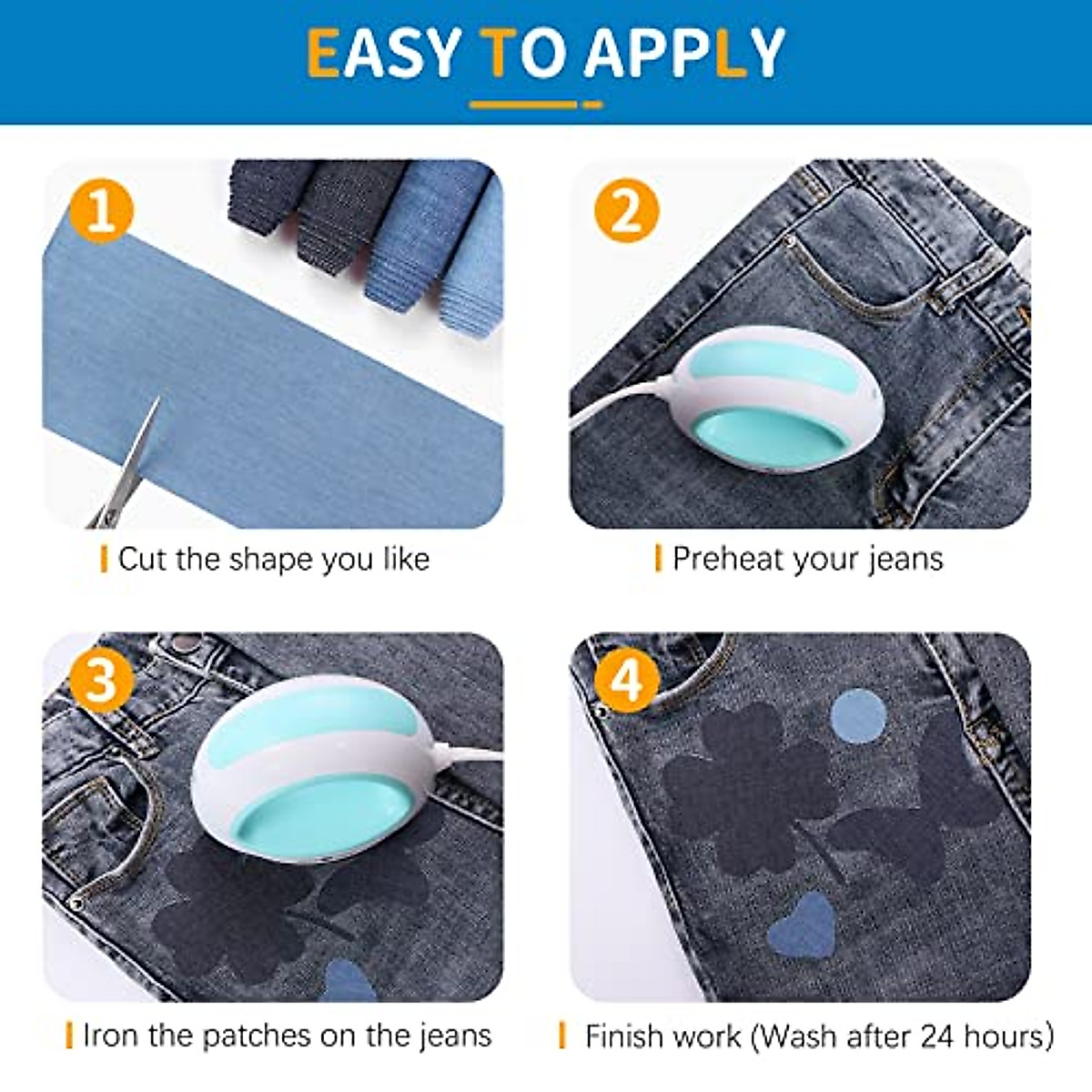 HTVRONT Iron on Patches for Clothing Repair 4 Rolls - Denim Patches for Jeans Kit 4" by 20", 4 Rolls of Iron On Denim Patches for Jeans Inside & Clothing Repair (Four Colors)