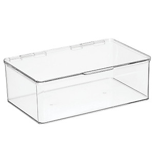 mDesign Plastic Kitchen Pantry and Fridge Storage Organizer Box Containers with Hinged Lid for Shelves or Cabinets, Holds Food, Snacks, Canned Drinks, Seasoning, Condiments - Lumiere Collection, Clear