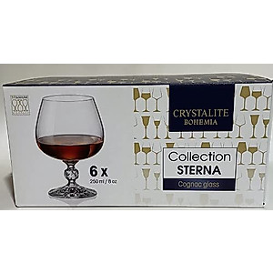 Czech Bohemian Crystal Glass Set of 6 Snifter Glasses 8oz250ml.Vintage Design Sterna Elegant Stem Goblets Cognac Brandy Calvados Whiskey Gift Birthday Wedding Housewarming Anniversaries, Clear