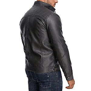 HOOD CREW Men’s Stand Collar Leather Jacket Casual Faux Leather Motorcycle Jacket Outerwear Coat with Zipper Pockets Black XXL