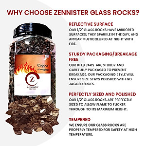 Z Zennister Fire Pit Glass Rocks,  High Luster, 1/2" Reflective Tempered Fire Glass in Copper, 10 Pound Jar  for Natural or Propane Fireplace, Crushed Glass Stones for Firepit, Garden or Patio