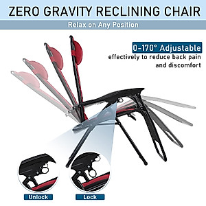 PHI VILLA Set of 2 Padded Zero Gravity Lounge Chair Folding Patio Recliner with Adjustable Headrest & Cup Holder, Support 350 LBS(Red)