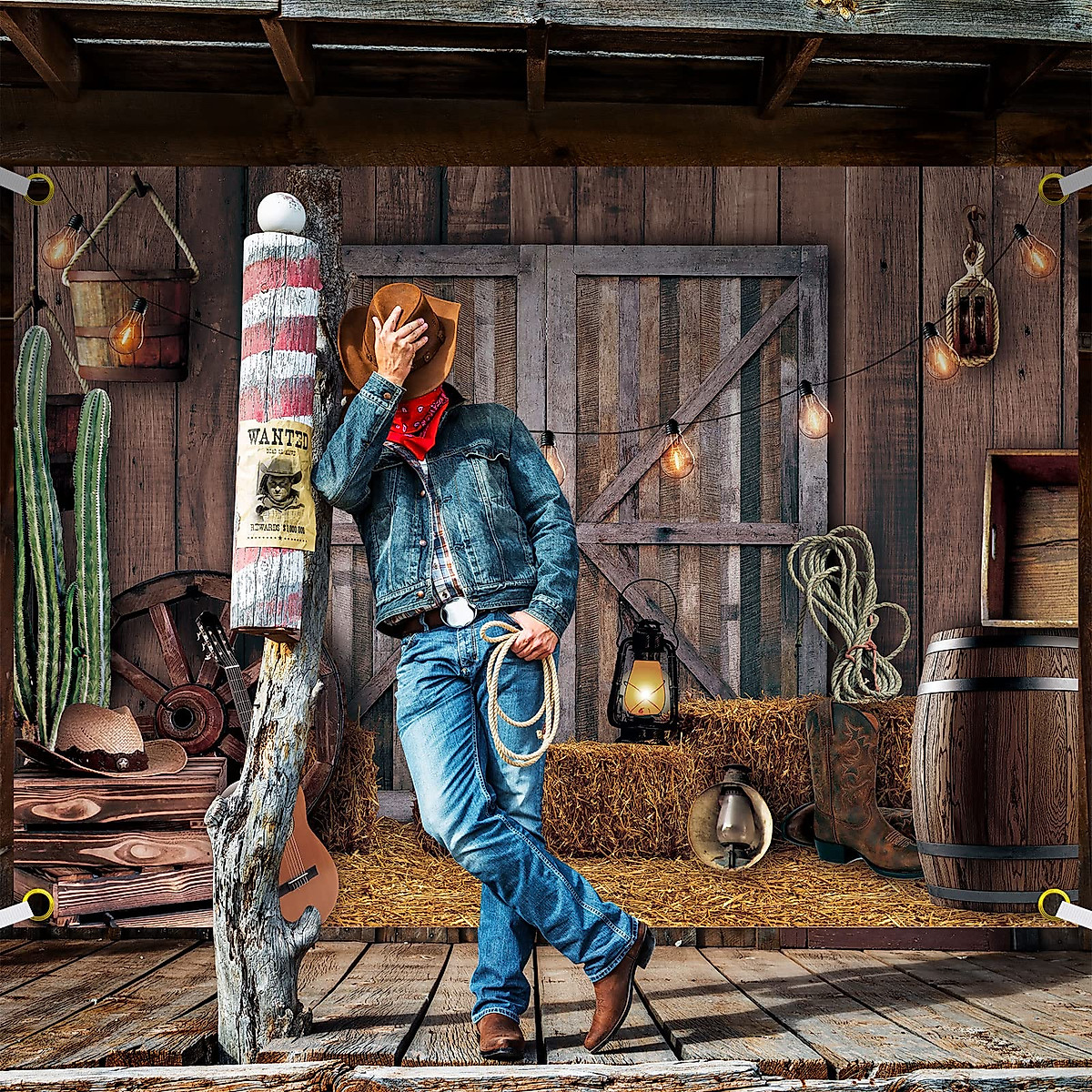 Moukeren Western Party Backdrop Western Cowboy Party Decoration Supply Wild West Decor Wooden House Barn Photo Background for Kids Children Boy Baby Photo Birthday Banner Rustic Booth(6.6 x 9.2 Ft)