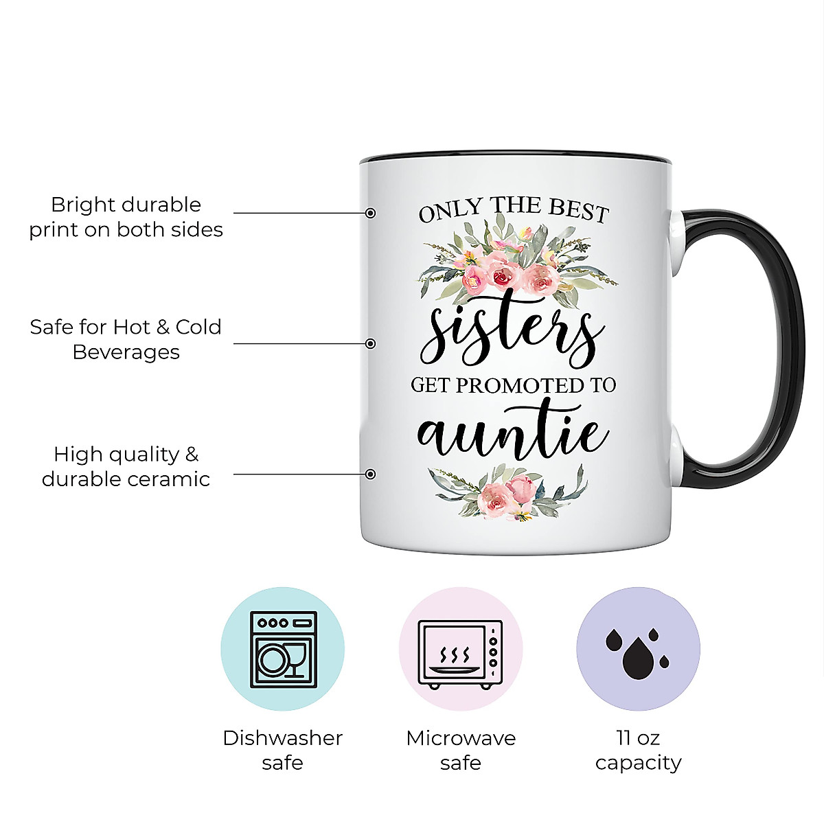 YouNique Designs Promoted to Auntie Mug, 11 Ounces, Pregnancy Announcement for Aunt Again, Going To Be An Aunt, Gonna Be An Aunt, Aunt Pregnancy Announcement Mug, Baby Announcements (Black Handle)