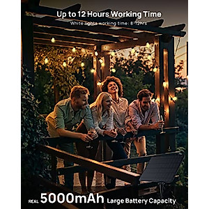 ASAHOM Solar Powered Outdoor String Lights Color Changing, 48ft Waterproof Solar RGB Patio Lights with 15 Dimmable Shatterproof Warm White LED Bulbs, 5000mAh Solar Panel Capacity for Garden Gazebo