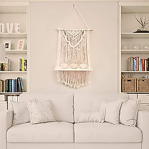 KALTEK Macrame Shelf with Flower Design | Boho Style with Floating Wood Shelf | Beautiful Handmade Macrame Shelf for Hanging Plants and Decor | Boho Wall Decor with Macrame Rope Shelving