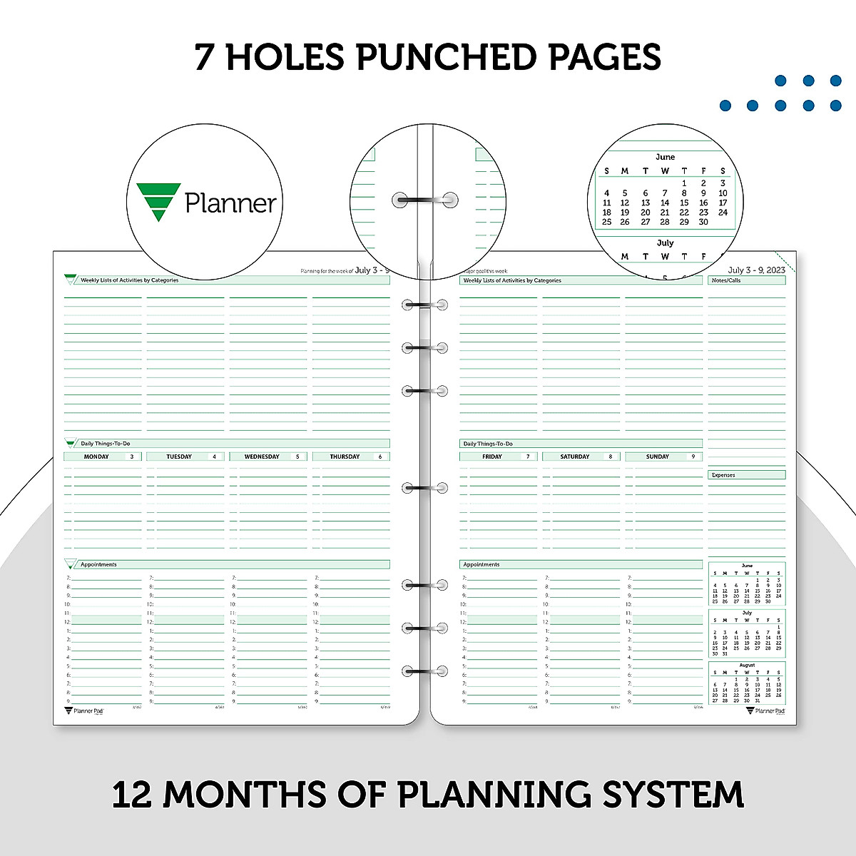 Planner Pad 7 Hole Loose Leaf 3-Tier Funnel Down 12 Month Organizer, July 2023 – June 2024 / Academic Year, Soft Green Ink, 8 1/2" x 11”