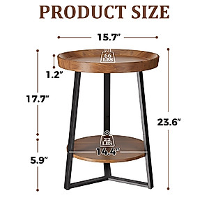 Gadroad Round End Table with Storage Shelf, 2 Tier Farmhouse Side Table Nightstand for Living Room, Bedroom, Wood Tabletop & Black Metal Frame, Brown 15.7 * 15.7 * 23.6inches