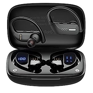 occiam Wireless Earbuds Bluetooth Headphones 48hrs Playback Sport Earphones with LED Display Over Ear Earbuds with Ear Hook Built-in Mic Headset for Workout Black