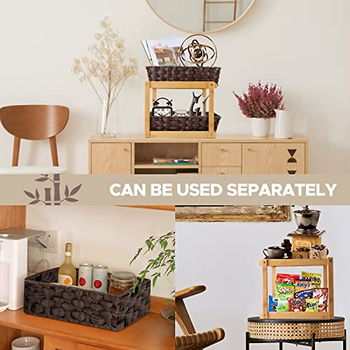 2-Tier Under the Sink Organizer Wicker Baskets, Under Bathroom/Kitchen Sink Organizers and Storage, 2 Slide-Out Storage Baskets and Bamboo Tray for Bathroom Kitchen Pantry Medicine Cabinet Counter