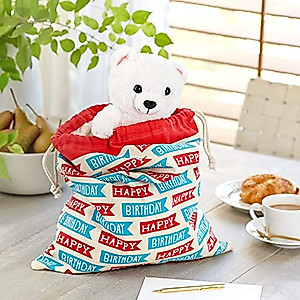 Hallmark 19" Large Birthday Drawstring Gift Bag (Red and Blue "Happy Birthday" Flags) for Kids, Grandchildren, Adults, Coworkers, Friends