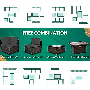 VIVIJASON 8 Pieces Patio Furniture Sectional Sofa Sets with Fire Pit Table, Outdoor PE Wicker Rattan Conversation Sets with 44" Rectangular Propane Gas Fire Pit 50,000 BTU and Grey Cushion