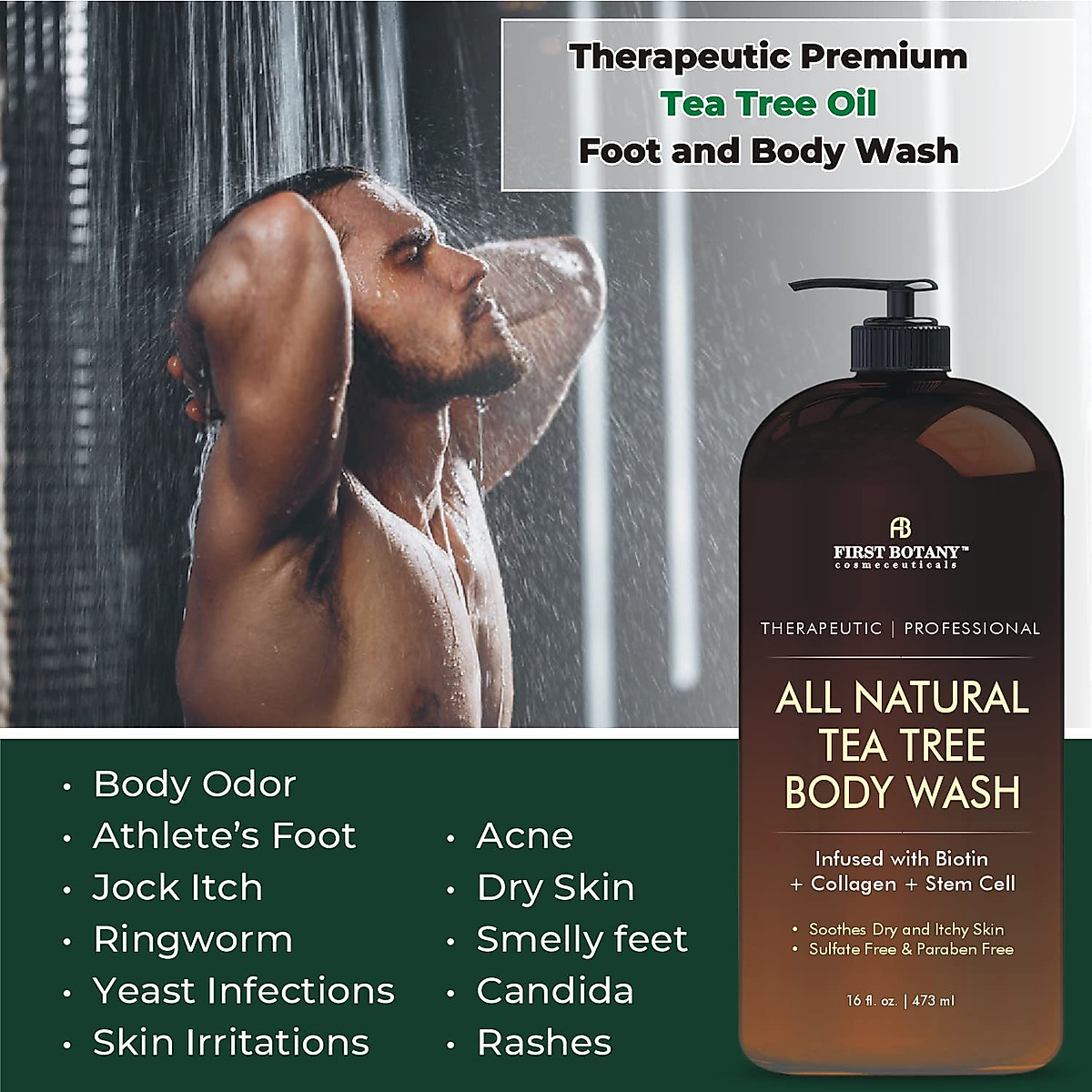 ALL Natural Body Wash - Fights Body Odor, Athlete’s Foot, Jock Itch, Nail Issues, Dandruff, Acne, Eczema, Shower Gel for Women & Men, Skin Cleanser -16 fl oz (Tea Tree, Biotin, Collagen & Stem cells)