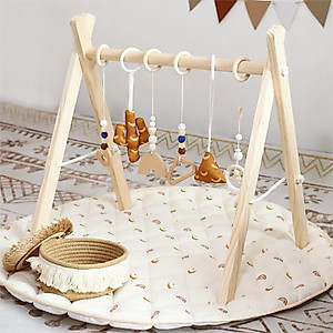 PgUp Wooden Baby Play Gym with Rainbow Mat, Foldable Baby Gym with Soft Playmats & 6 Hanging Toys for Baby Play & Learn, Toddler Activity Center Wooden Play Gym Newborn Gift for Baby Girls and Boys