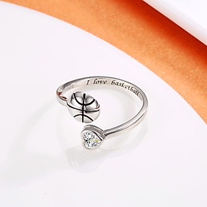 925 Sterling Silver Basketball Baseball Softball Football Tennis Racket Ring Adjustable Sports Jewelry Gifts for Women Player Mom (Basketball)