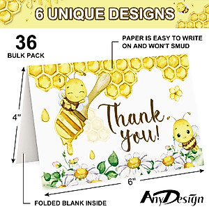 AnyDesign 36 Pack Honey Bee Thank You Cards Bulk Watercolor Bee Honeycomb Flower Thank You Note Cards with Envelopes Stickers for Summer Birthday Baby Shower Wedding Bridal Party Supplies