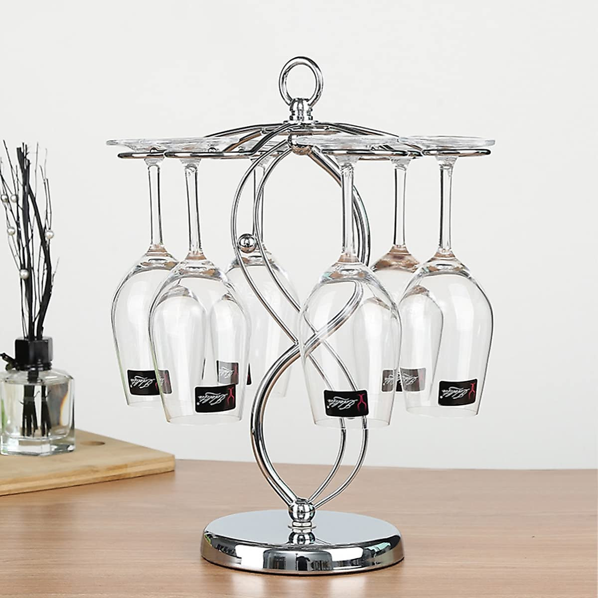 Homya Wine Glass Holder - Countertop Metal Wine Holder Vertical Wine Glass Display Rack for Bar Kitchen Table, Offers 6 Wine Glasses, Silver
