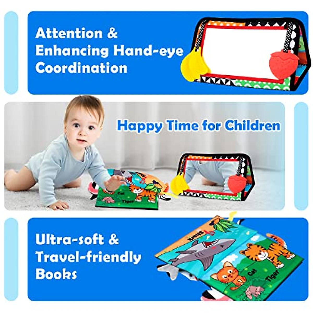 Aboosam Baby Toys 0-6 Months - Tummy Time Mirror Toys with Cloth Books & Teethers - Montessori Infant Toys for Babies 0 3 6 9 Months - High Contrast Newborn Sensory Toy for Boys Girls Baby Gift