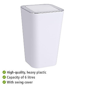 WENKO Small Trash Can with Swing Top Lid, Mini Waste Basket, Stylish Garbage Bin for Bathroom, Bedroom, Kitchen, 1.6 Gallon, 7.1 x 11.2 x 7.1 in, White
