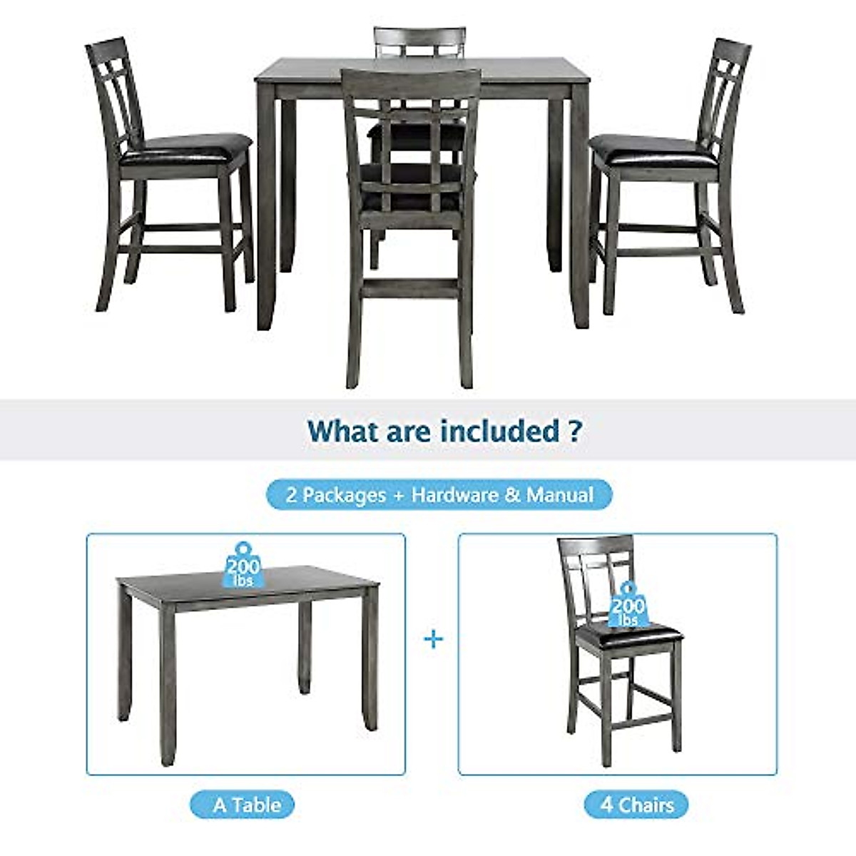 CKLMMC 5 Piece Vintage Dining Table Set, Wood Rectangular Counter Height Bar Table with 4 Leather Upholstered Chairs,Kitchen Furniture Set for Dining Room, Pub and Bistro