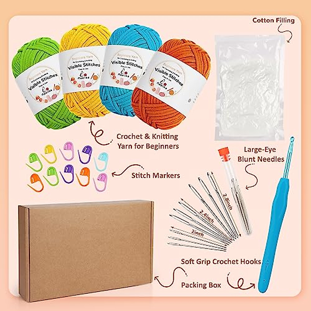 Beginner Yarn for Crocheting and Knitting, Aeelike 350 Yards (4x50g) Soft Cotton-Nylon Blend Easy-to-Use Yarn for Newbie, 26pcs Knitting & Crochet Supplies for Learning to Crochet Animals