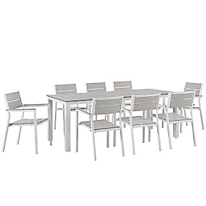 lm Modway Maine Aluminum 9-Piece Outdoor Patio Dining Set with 80 inch Dining Table and Eight Dining Armchairs in White Light Gray