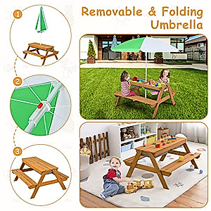 HONEY JOY Kids Picnic Table, 4 in 1 Cedar Wooden Sand & Water Table w/ 2 Removable Box & Umbrella, Kids Picnic Tables for Outdoors Backyard Garden, Toddler Patio Furniture Set for Boys Girls(Natural)