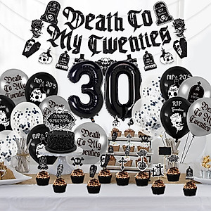 ADLKGG 30th Birthday Decorations for Women or Men, Death to My 20s Decorations with Death to My Twenties Banner, Rip to My 20s Sash, Cake Toppers for Funny Thirty Birthday Party Supplies (Black)