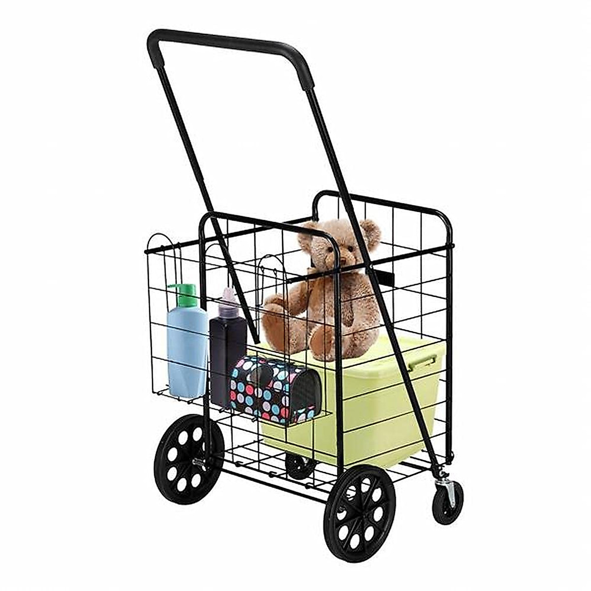 XYYSSM Iron 1200mm Telescopic Armrest 0.8mm No. 16 Round Tube 50kg Black Foldable Shopping Cart, Shopping Cart with Dual Swivel Wheels for Groceries - Compact Folding Portable Cart Saves Space