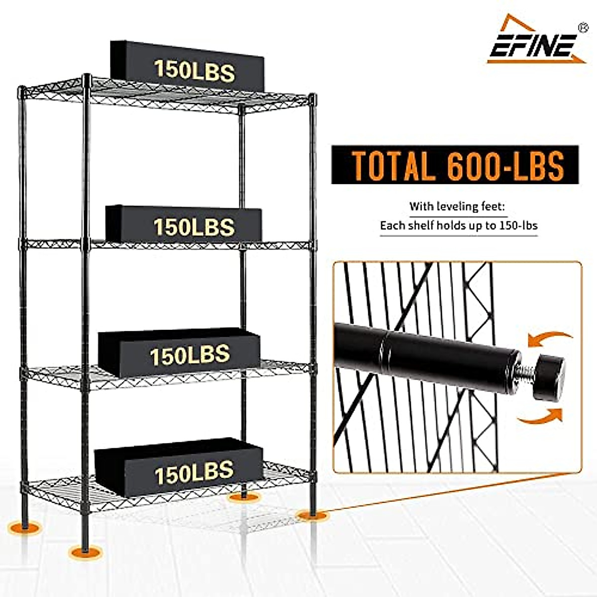 EFINE 4-Shelf Shelving Unit with Shelf Liners Set of 4, Adjustable, Metal Wire Shelves, 150lbs Loading Capacity Per Shelf, Shelving Units and Storage for Kitchen and Garage (30W x 14D x 47H) Black