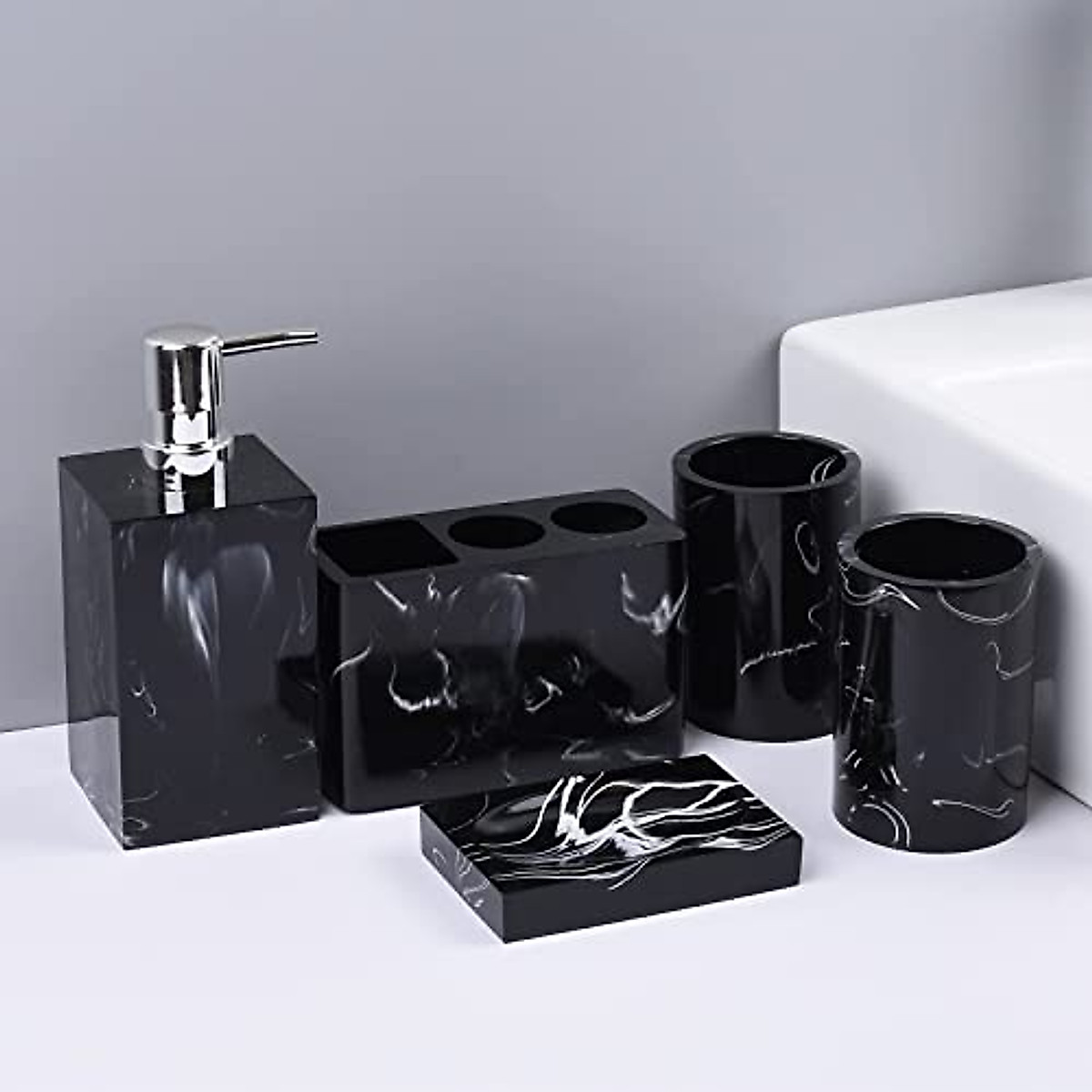 5 Piece Complete Bathroom Accessories Set - Electric Toothbrush Holder, 16.9 oz Dispenser for Liquid Soap or Lotion, Soap Dish, 2 Tumblers, Made of Marble Pattern Resin (Classic Black)