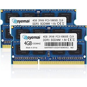 PC3-10600 DDR3 1333 8GB Kit (2x4GB) RAM PC3 10600S 1333MHZ 2Rx8 204-pin 1.5v 4GB Memory Upgrade for Laptop